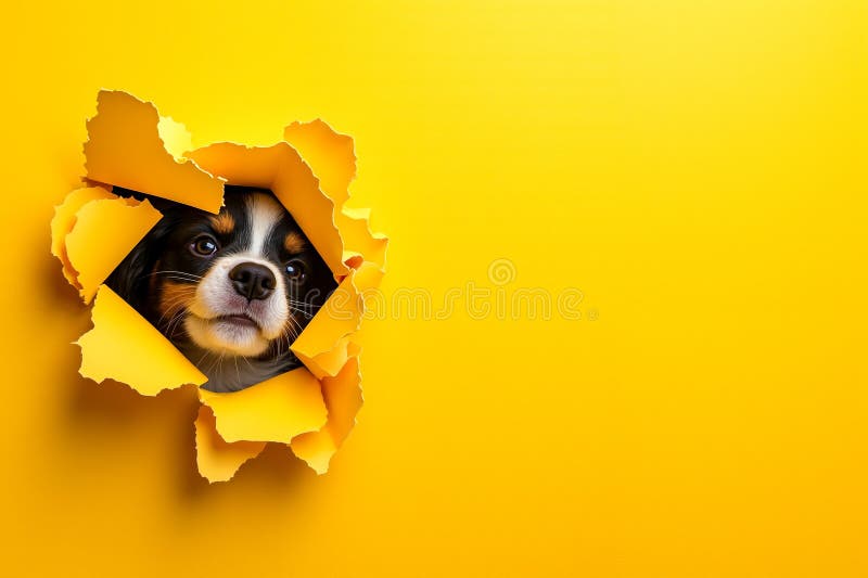 A Dog Peeking Out of a Hole in a Yellow Paper Stock Image - Image of ...