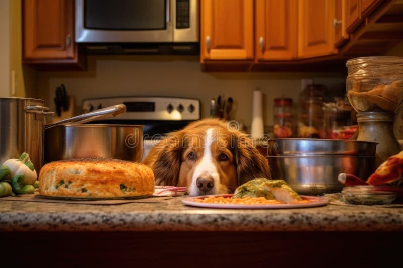 Dog Peeking Over Countertop at a Prepared Meal Stock Photo - Image of ...