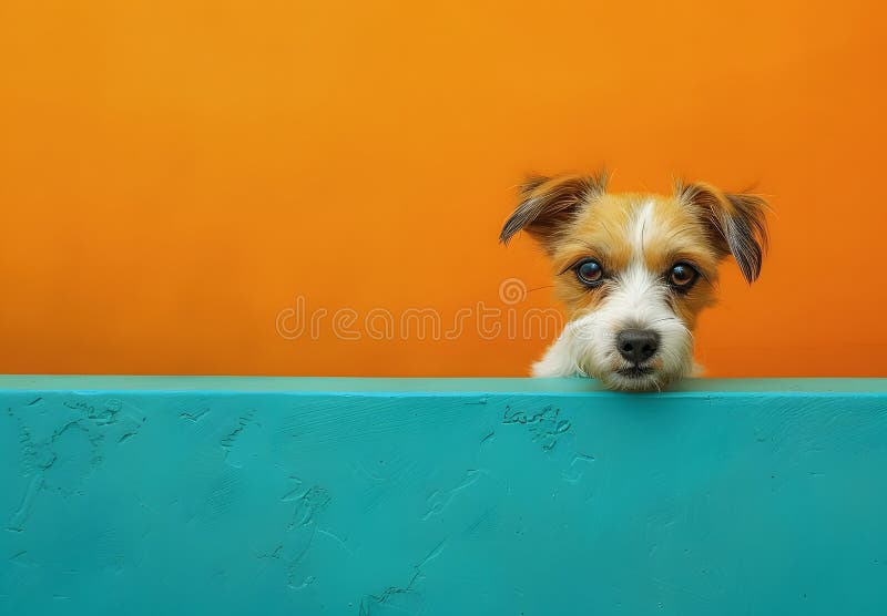 Dog Peeking Over Orange Wall Blue Background Stock Illustration ...
