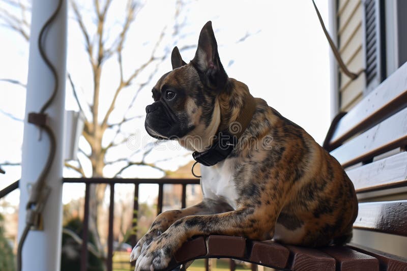 Dog Perched on Porch Bench Looking Out Stock Photo - Image of generated ...