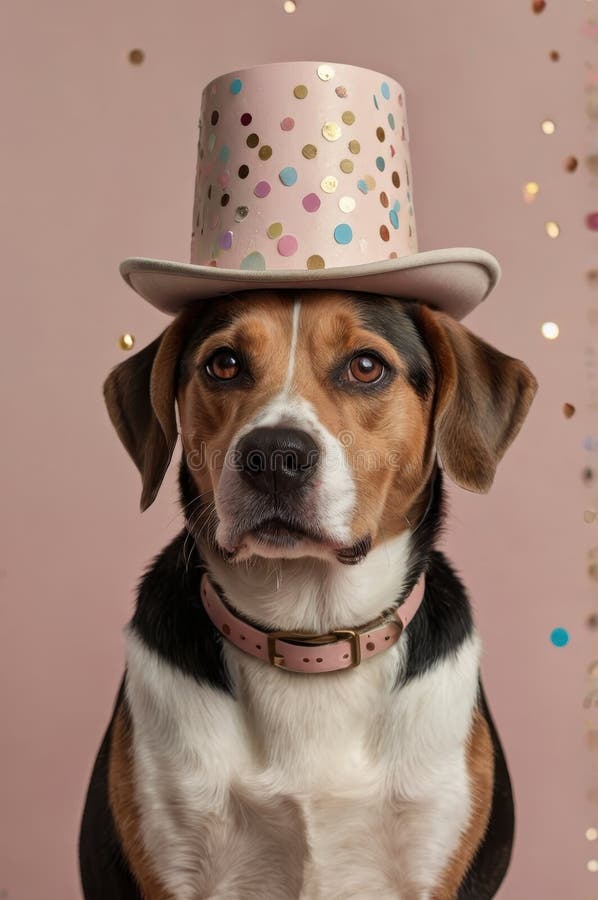 Dog with Pink Top Hat and Gold Polka Dots in Soft Lighting Stock ...