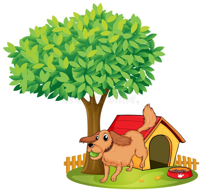 A Dog Playing Beside A Doghouse Under A Tree Stock Vector ...