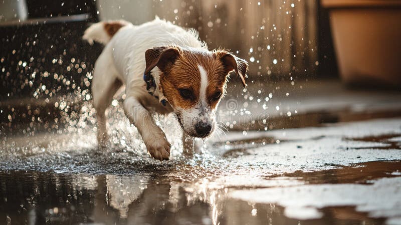 A Dog Playing in a Puddle of Water Caused by a Burst Bathroom Pipe ...
