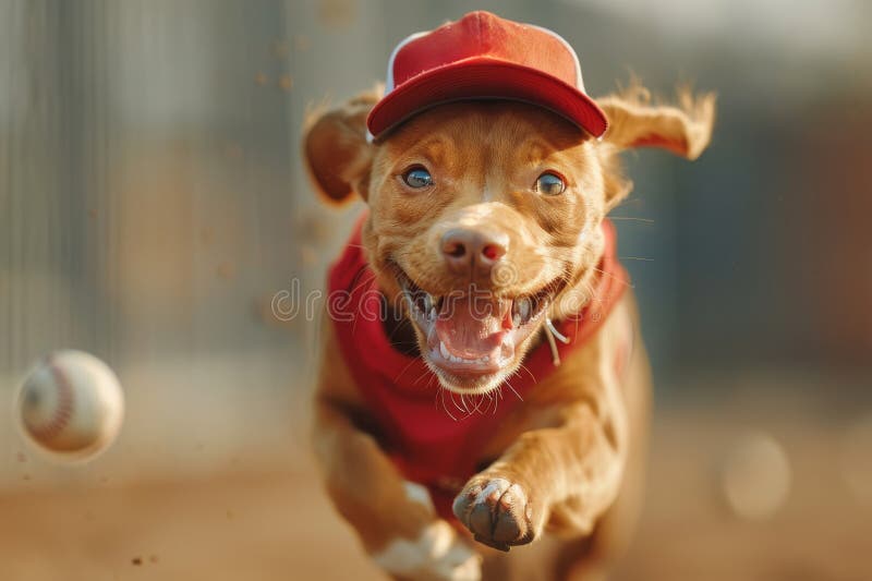 Dog Playing and Wearing a Baseball Stock Photo - Image of friends ...