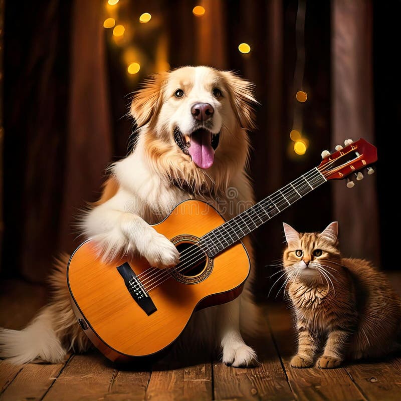 Dog Plays Guitar Singing Song with Cat Stock Illustration ...