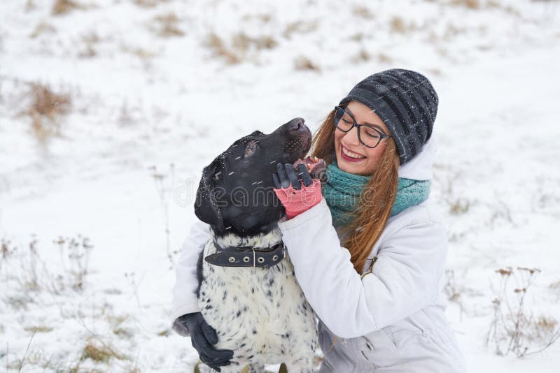 A Dog Pointer Walks a Girl in Winter. Stock Photo - Image of beauty ...