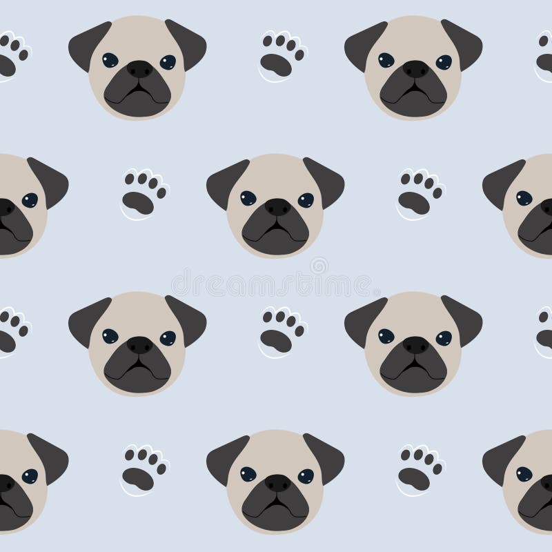 Dog Pug Head Pattern. Vector Flat Illustration on Blue Background ...