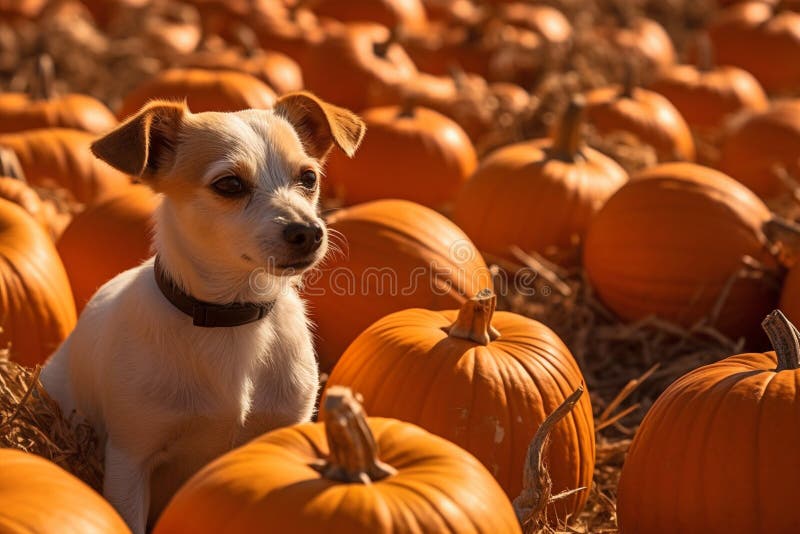 Dog in pumpkin patch. stock illustration. Illustration of fall - 284827185