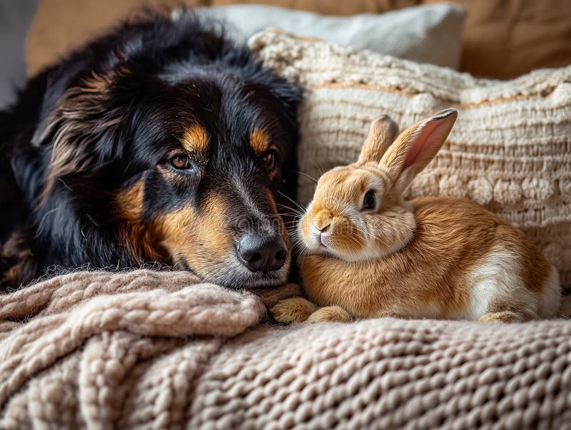 A Dog and a Rabbit Laying on a Couch Together Stock Photo - Image of ...