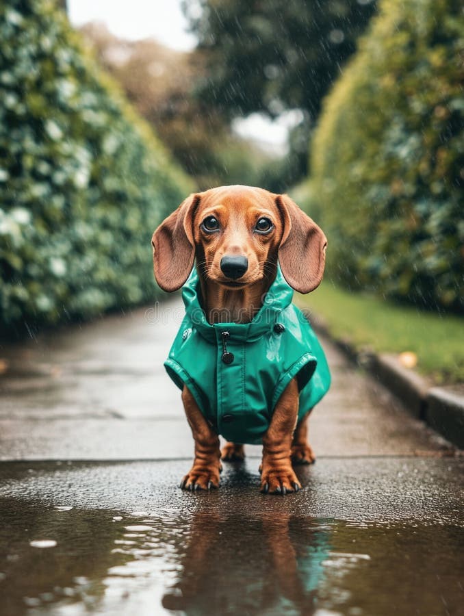 Dog in Raincoat Standing in Rain Stock Image - Image of animal, rain ...