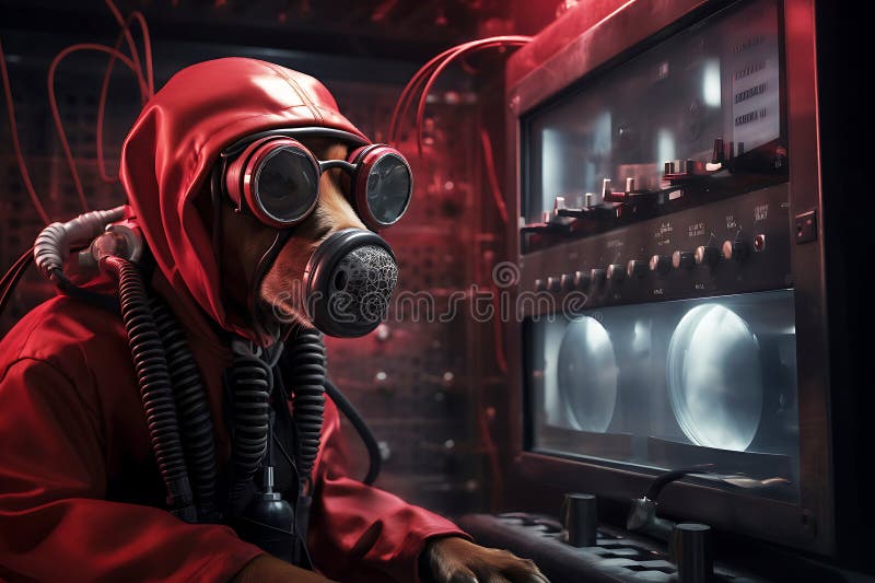 A Dog in a Red Protective Suit, Glasses and a Gas Mask Sits and ... A Dog in a Red Protective Suit, Glasses and a Gas Mask Sits and ...
