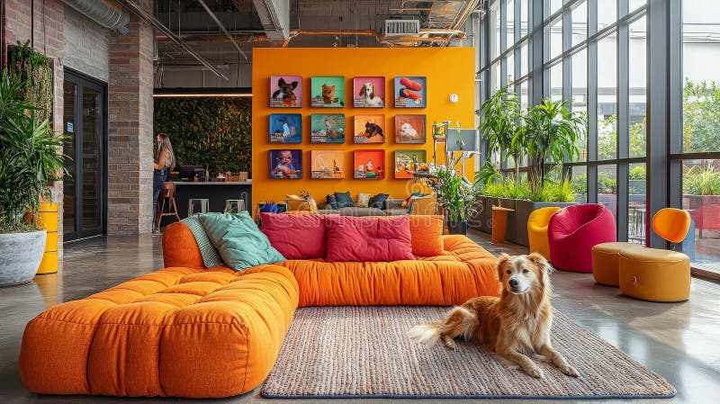 Dog Relaxing in Vibrant Office Lounge Stock Image - Image of home ...