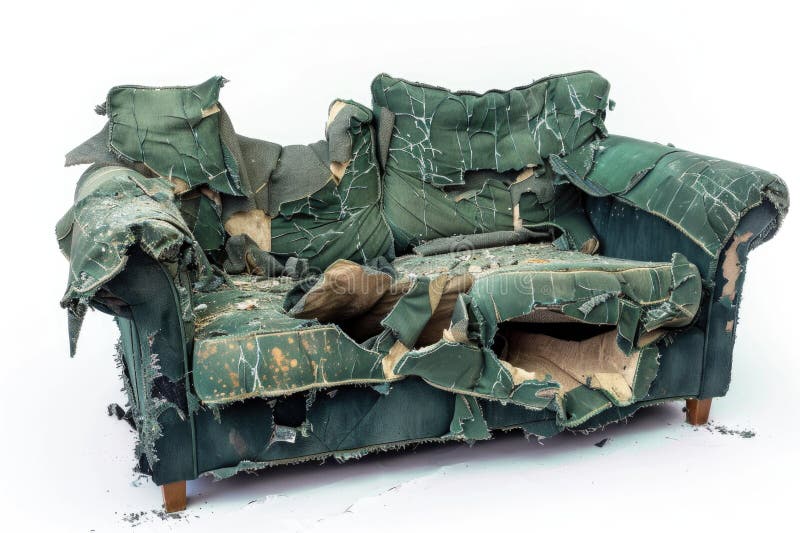 A Dog Relaxing on a Worn-out Green Couch with Visible Damage Stock ...