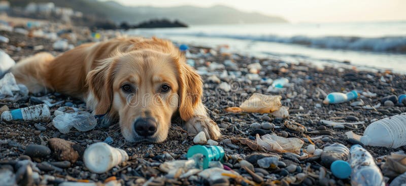 Dog Resting on Polluted Beach, Surrounded by Plastic Waste and Debris ...