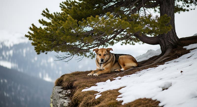 Dog Resting Under Tree on Mountain Cliff Stock Illustration ...