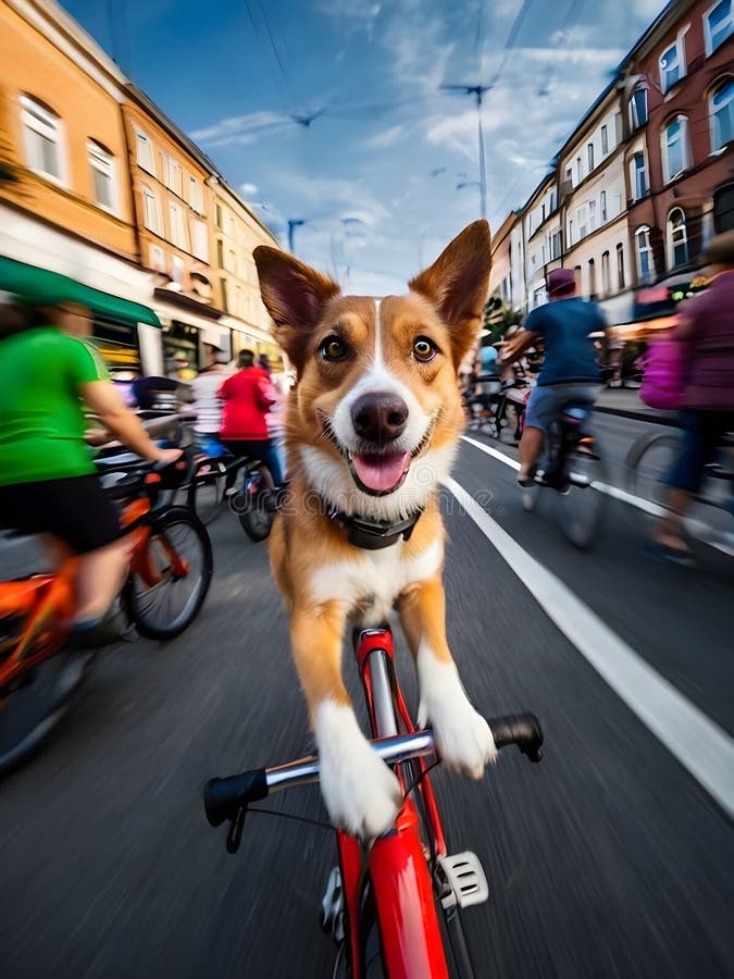 Dog Riding a Bicycle in a Crowded City Stock Illustration ...