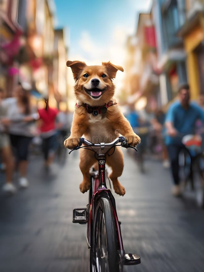 Dog Riding a Bicycle in a Crowded City Stock Illustration ...