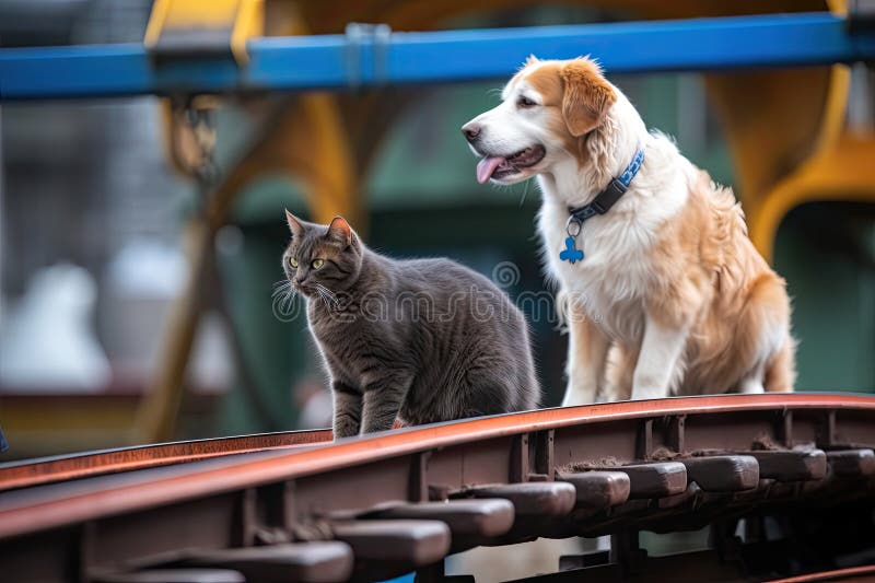 Dog Riding Roller Coaster, with Cat Watching from the Sidelines Stock ...