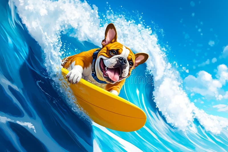 A Dog Riding a Surfboard on Top of a Wave in the Ocean Stock Photo ...