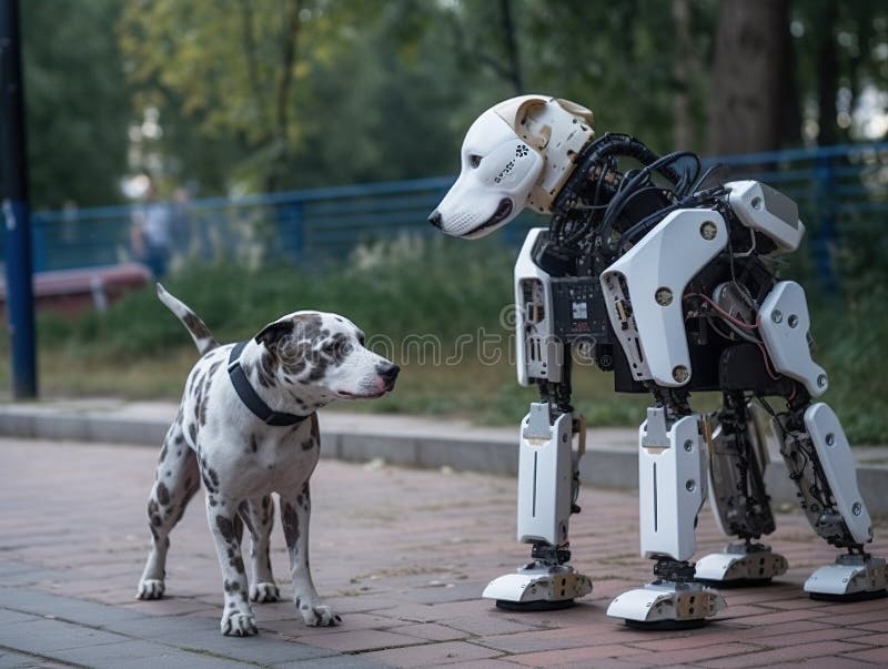 Dog Robot and Real Dog Interact on a Street Stock Photo - Image of ...