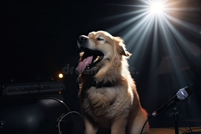 Dog with Rock Band, Playing Guitar and Singing in Spotlight Stock ...