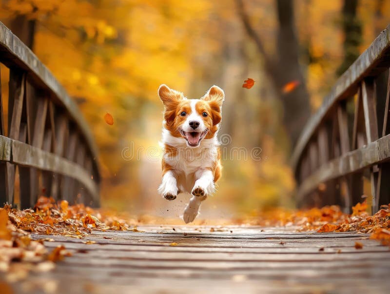 Dog Running Across a Bridge Surrounded by Colorful Fall Foliage and ...