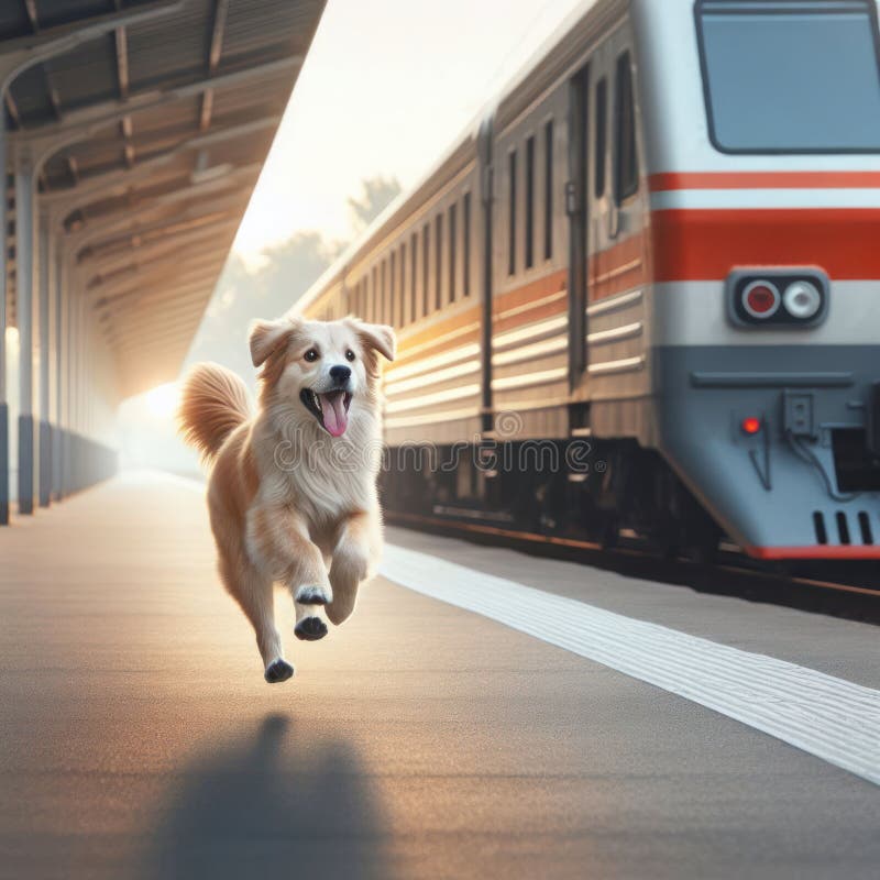 A Dog Running Along a Railway Platform Near a Passing Train. Stock ...