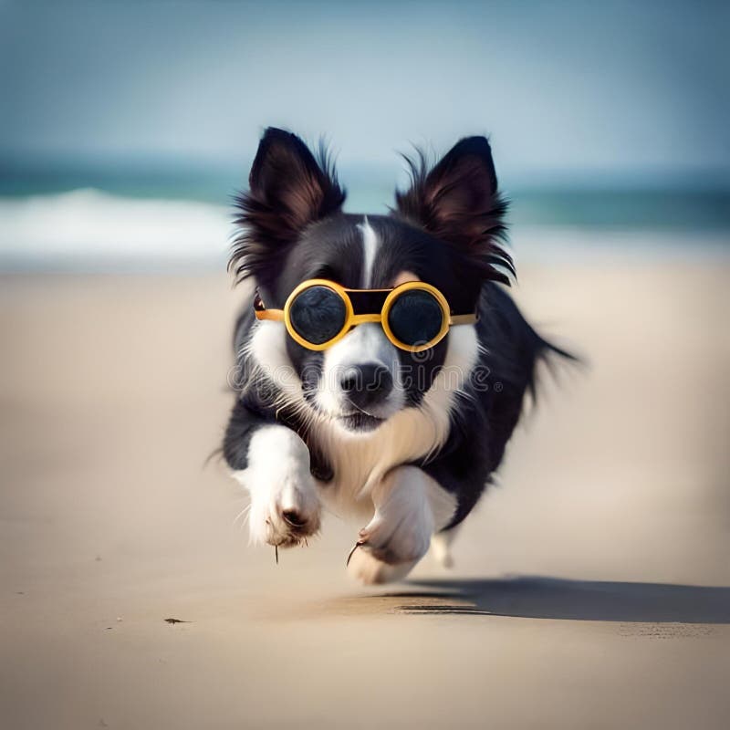 A Dog Running on a Beach Wearing Goggles Stock Illustration ...