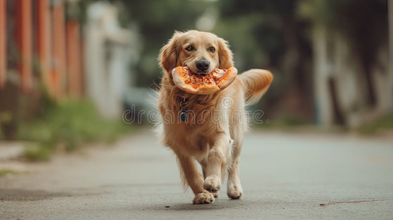 Dog Running Down the Street with a Slice of Pizza Stock Image - Image ...