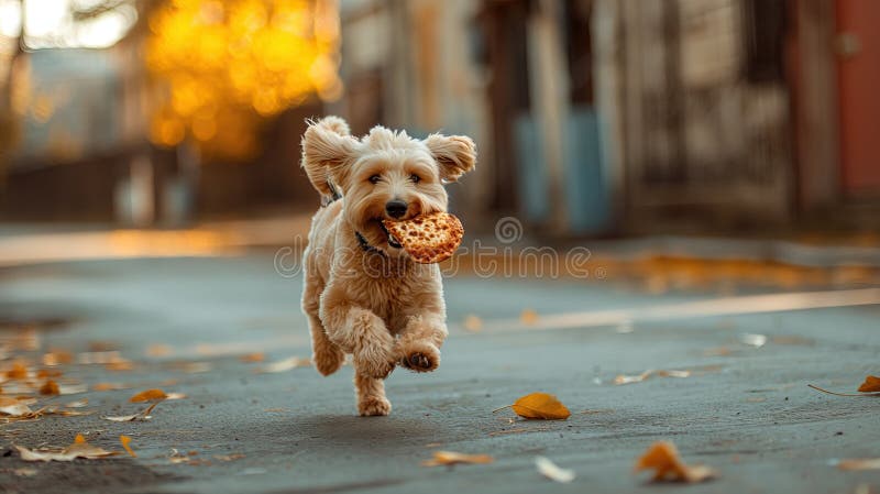 Dog Running Down the Street with a Slice of Pizza Stock Photo - Image ...