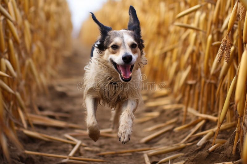 Dog Running through a Field of Dried Corn Stalks Stock Photo - Image of ...