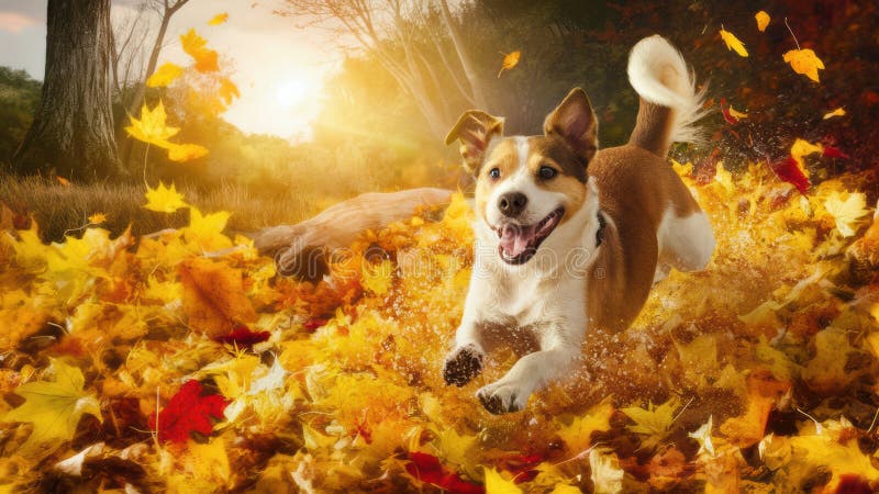 A Dog Running through a Field of Leaves in the Fall, AI Stock Photo ...