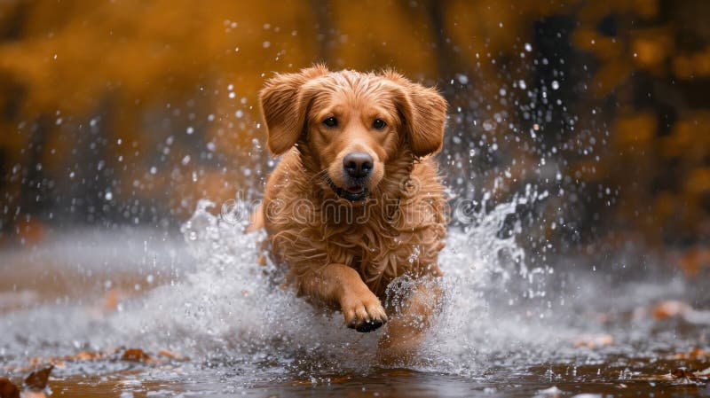 A Dog Running through a Puddle of Water in the Fall, AI Stock Photo ...