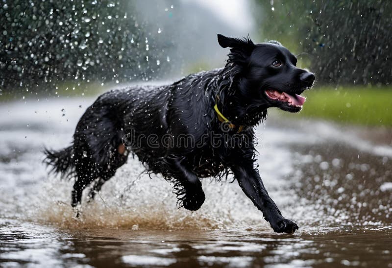 A Dog Running through a Puddle of Water in the Rain Stock Illustration ...
