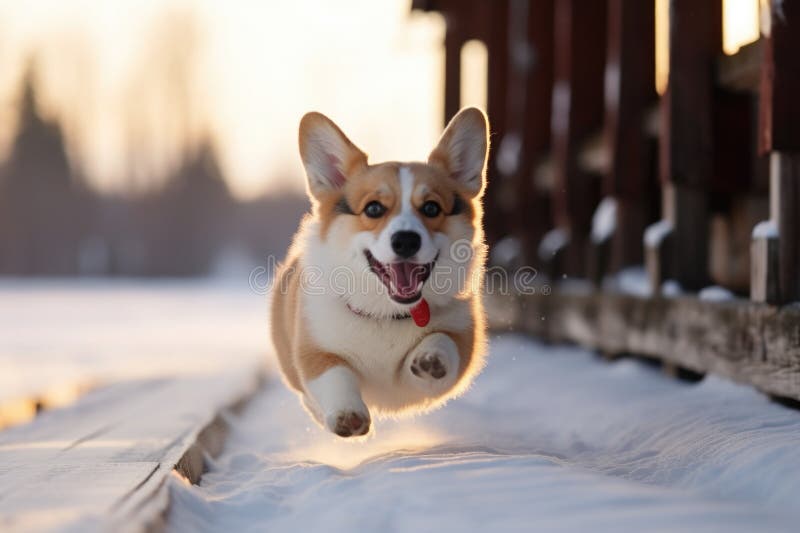 Dog on snowy bridge stock image. Image of playful, frozen - 373963795