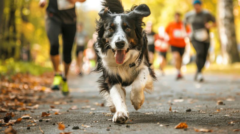 A Dog Runs Alongside Human Runners during a Marathon, Poster Stock ...