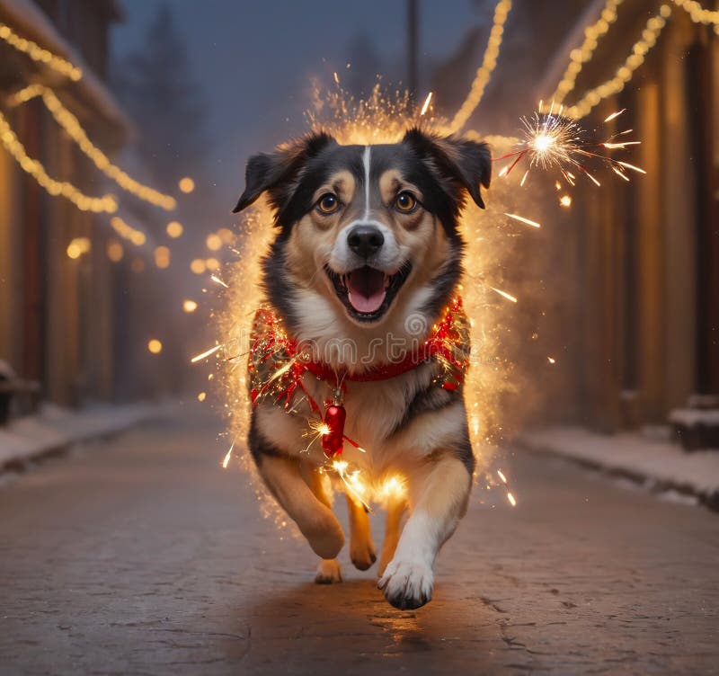 A Dog Runs Away from Exploding Christmas Firecrackers with Fear in His ...