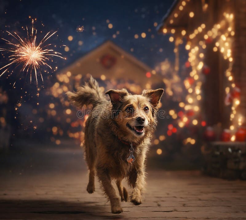 A Dog Runs Away from Exploding Christmas Firecrackers with Fear in His ...