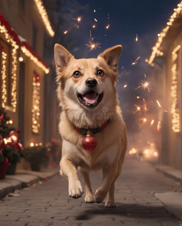 A Dog Runs Away from Exploding Christmas Firecrackers with Fear in His ...