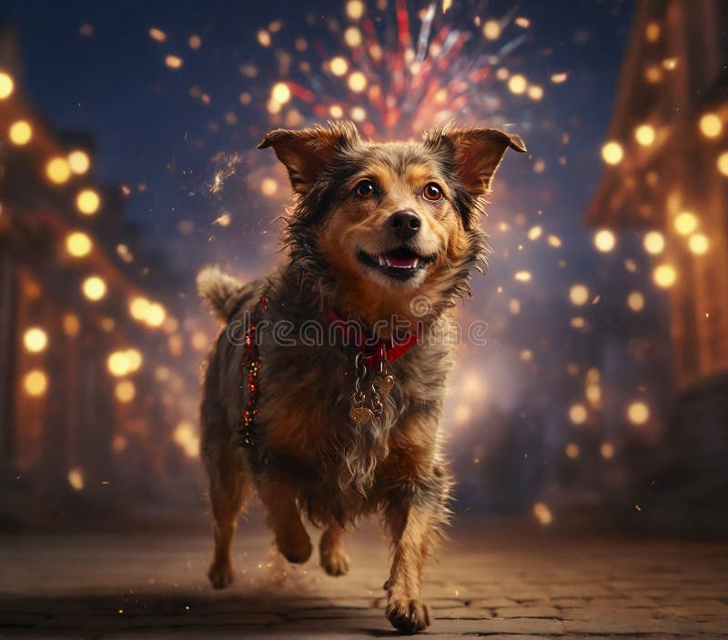 A Dog Runs Away from Exploding Christmas Firecrackers with Fear in His ...