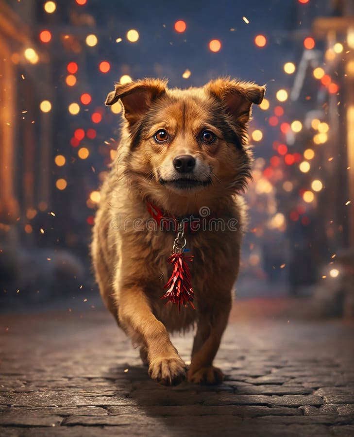 A Dog Runs Away from Exploding Christmas Firecrackers with Fear in His ...