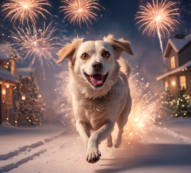 A Dog Runs Away from Exploding Christmas Firecrackers with Fear in His ...