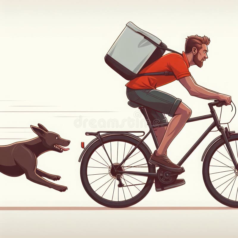 A Dog Runs after a Delivery Man Who is Riding a Bicycle. Stock ...