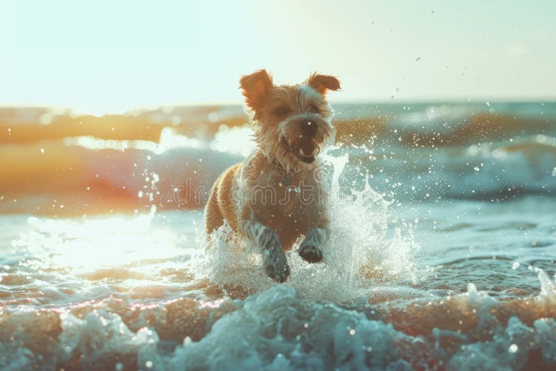 Dog Runs and Plays Along a Beach. Dog Splashes in the Waves Stock Photo ...