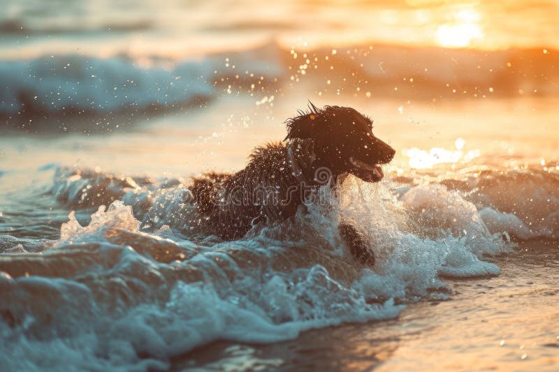 Dog Runs and Plays Along a Beach. Dog Splashes in the Waves Stock ...
