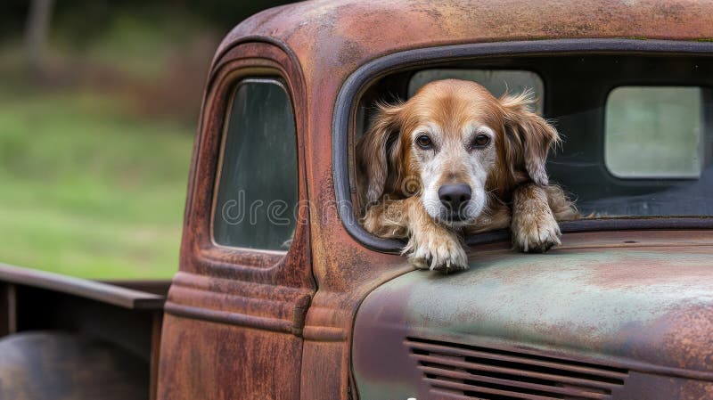 Dog in Rusty Truck stock photo. Image of road, outside - 383126122