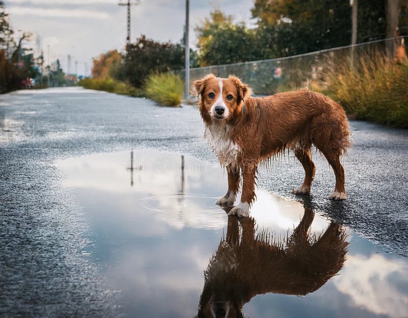 A Dog S Reflection in a Puddle after a Rainy Day Stock Illustration ...