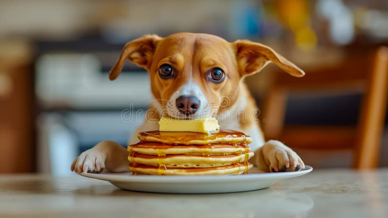 A Dog Sitting at a Table with a Plate of Pancakes and Butter Stock ...