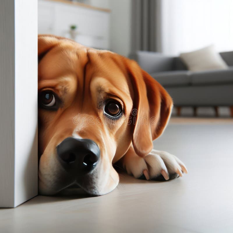 A Dog with a Sad Look Peeks Around the Corner. Stock Illustration ...