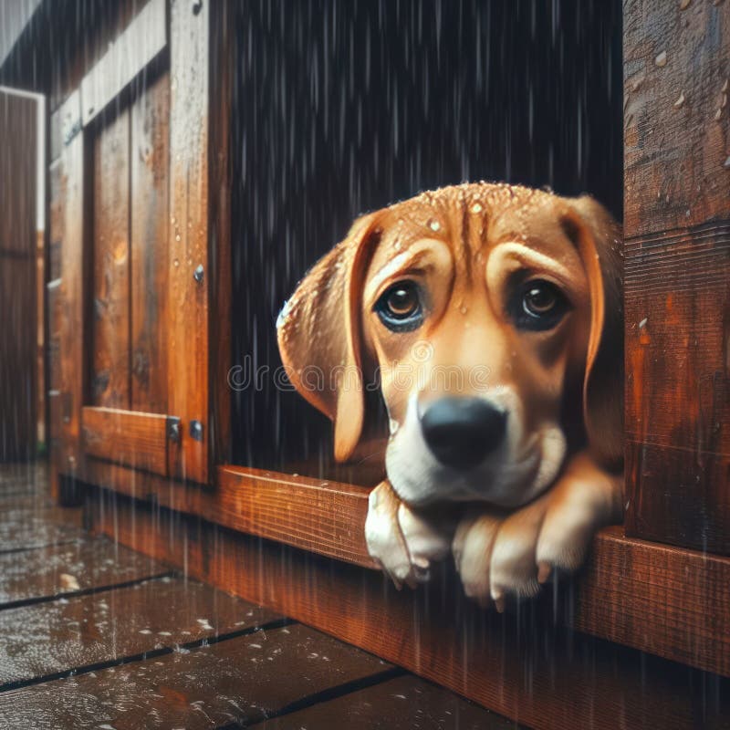 A Dog with a Sad Look Sits in a Wooden Booth in the Rain. Stock Image ...